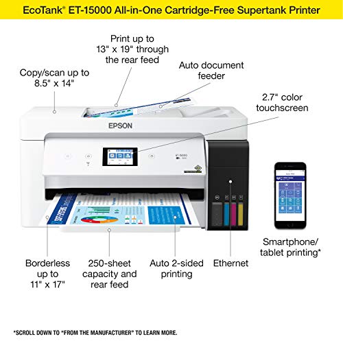 Epson EcoTank ET-15000 Wireless Color All-in-One Supertank Printer with Scanner, Copier, Fax, Ethernet and Printing up to 13 x 19 Inches