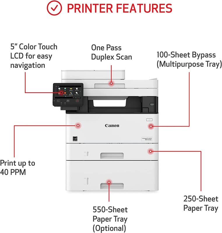 Canon imageCLASS MF453dw All-in-One Wireless Monochrome Laser Printer | Print, Copy, & Scan| | 5" Color Touch LCD | One Pass Duplex Scan