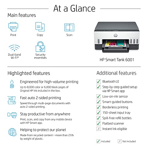 HP Smart -Tank 6001 Wireless All-in-One Cartridge-free Ink Printer, up to 2 years of ink included, mobile print, scan, copy (2H0B9A)