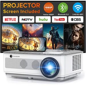 native 1080p projector 5g wifi and bluetooth, fangor 350 ansi outdoor projector 4k support, home movie projector compatible with tv, pc, hdmi, usb, vga, ios/android[120”screen included]