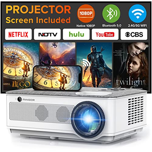 Native 1080P Projector 5G WiFi and Bluetooth, FANGOR 350 ANSI Outdoor Projector 4K Support, Home Movie Projector Compatible with TV, PC, HDMI, USB, VGA, iOS/Android[120''Screen Included]