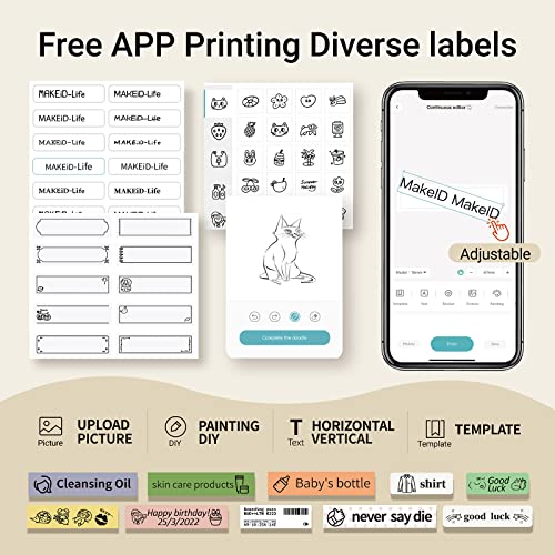 Makeid Label Printer HD(300dpi), Portable Bluetooth Handheld Label Maker Machine with Tape, Multiple Templates Compatible with iOS Android Easy to Use Rechargeable Labeler