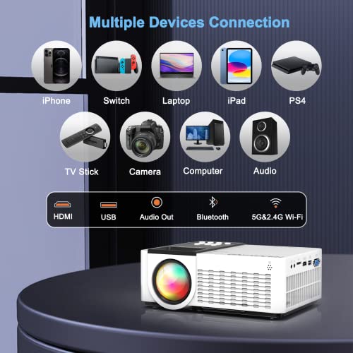 Mini Projector with 5G WiFi and Bluetooth - 8500Lumen 1080P HD Supported Outdoor Projector and Screen Packages, Portable Movie Video Projectors Compatible with TV Stick, PS5, iOS & Android Phone, HDMI