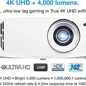 Optoma UHD38x Bright, True 4K UHD Gaming Projector | 4000 Lumens | 4.2ms Response Time at 1080p with Enhanced Gaming Mode | Lowest Input Lag on 4K Projector | 240Hz Refresh Rate | HDR10 & HLG