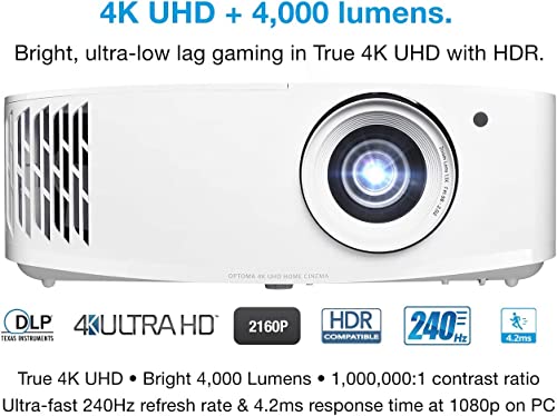 Optoma UHD38x Bright, True 4K UHD Gaming Projector | 4000 Lumens | 4.2ms Response Time at 1080p with Enhanced Gaming Mode | Lowest Input Lag on 4K Projector | 240Hz Refresh Rate | HDR10 & HLG