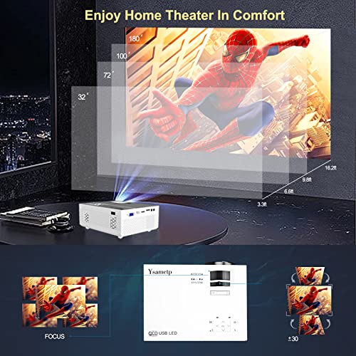 Ysametp Mini Projector, 1080P Full HD Supported 180” Screen Video Projector, 11000Lux Home Theater Movie Projector Compatible with TV Stick HDMI VGA USB AV PC TF Android/iPhone