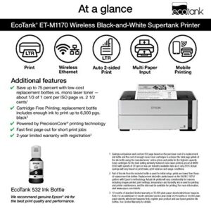 Epson EcoTank ET-M1170 Wireless Monochrome Supertank Printer with Ethernet PLUS 2 Years of Unlimited Ink*