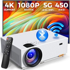 mini projector with 5g wifi and bluetooth, alvar 15000l 450 ansi native 1080p portable projector 4k support, outdoor movie projector with 120″ screen & 400″ display compatible w/ tv stick/hdmi/usb/ps5