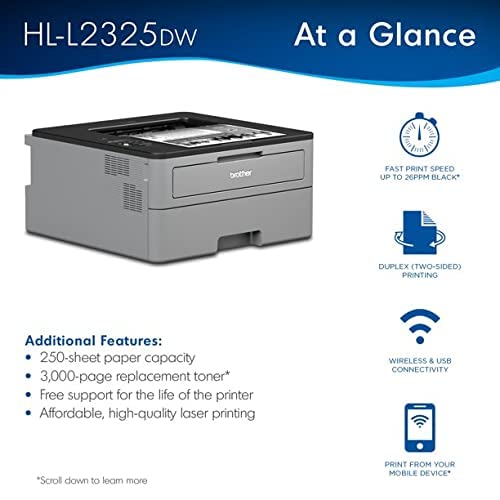 Brother HL-L2325DW Monochrome Laser Printer, Wireless Networking & Duplex Printing