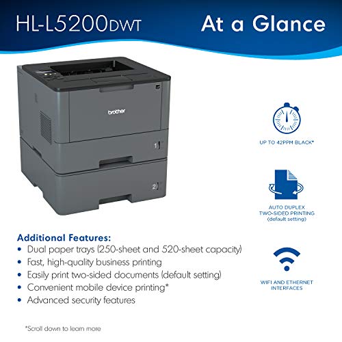 Brother Monochrome Laser Printer, HL-L5200DWT, Duplex Printing, Wireless Networking, Dual Paper Trays, Mobile Printing, Amazon Dash Replenishment Ready