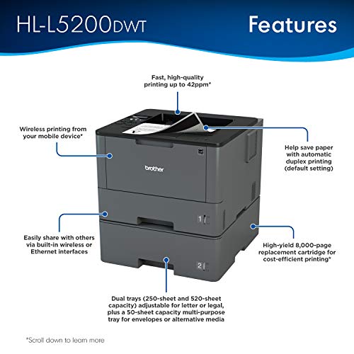 Brother Monochrome Laser Printer, HL-L5200DWT, Duplex Printing, Wireless Networking, Dual Paper Trays, Mobile Printing, Amazon Dash Replenishment Ready