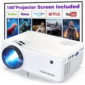 topvision projector, 7500l portable mini projector with 100” projector screen, 1080p supported, built-in hi-fi speakers, home theater movie projector compatible with, hdmi,fire stick,vga,usb,tf,av,ps4