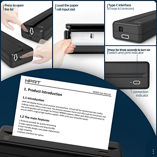 HPRT MT810 Portable Printers Wireless for Travel, Bluetooth Printer Compatible with Android iOS Phones & Laptops Support 8" & 4" Thermal Roll Paper Suitable for Home Vehincles Office Business Travel