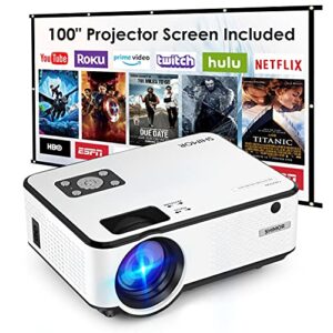 mini projector, shimor c9 7500l hd outdoor movie projector with 100 inch projector screen, 1080p supported compatible with tv stick, video games, hdmi, usb, aux, av, ps4, laptop, smartphone