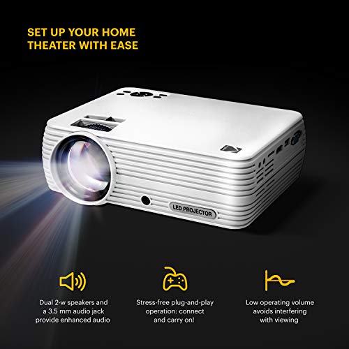 KODAK FLIK X7 Home Projector (Max 1080p HD) with Tripod, & Case Included | Compact, Projects Up to 150” with 720p Native Resolution & 30,000 Hour, Lumen LED Lamp| AV, VGA, HDMI & USB Compatible