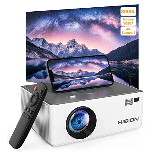 Mini Projector Native 1080P Outdoor Movie Projector, HISION 8000L Portable Home Theater 4K Support Video Projector Compatible with TV Stick, HDMI, VGA, USB, Laptop, DVD, iOS & Android Smartphone