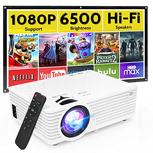 Mini Video Projector with 6500 Brightness, 1080P Supported, Portable Outdoor Movie Projector, 176" Display Compatible with TV Stick, HDMI, USB, VGA, AV for Home Entertainment