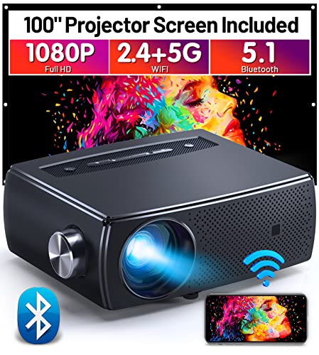 Projector, CLOKOWE 10000L 1080P HD 5G WiFi Bluetooth Projector, Portable Movie Projector with Screen, Home Theater Video Projector Compatible with Android/iOS/TV Stick/PS4, Support 4K&300”