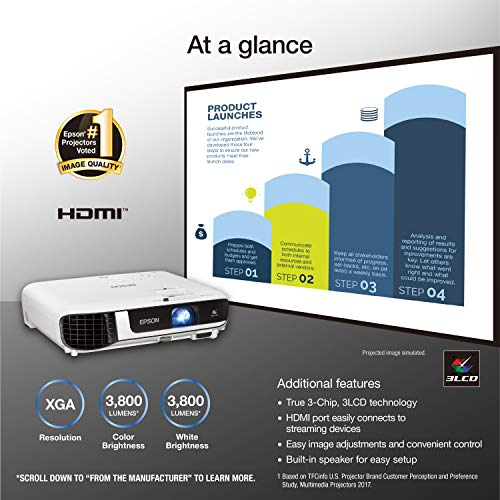 Epson EX5280 3-Chip 3LCD XGA Projector, 3,800 Lumens Color Brightness, 3,800 Lumens White Brightness, HDMI, Built-in Speaker, 16,000:1 Contrast Ratio