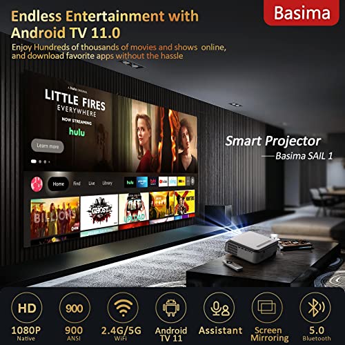 Smart Projector, Android 11.0 Native 1080P Portable WiFi and Bluetooth Projector, Outdoor 4K Projector Support Netflix & Prime Online Video & 8000+APPs, Auto Focus Home Theater Gaming Proyector