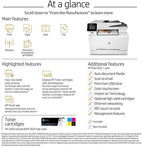 HP LaserJet Pro M281fdw All-in-One Wireless Color Laser Printer, Works with Alexa (T6B82A)