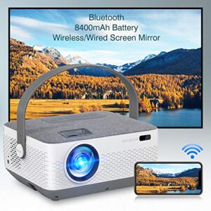 WiFi Projector Bluetooth 8400mAh Battery, Rechargeable Portable Home Projector, FANGOR 1080P Supported Movie Projector with Sync Smartphone Screen via WiFi/USB Cable, Compatible with iPhone, Laptop