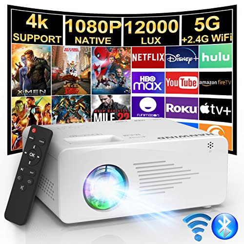 Native 1080P Projector with 5G WiFi and Bluetooth, HANWIND 12000Lumen Outdoor Movie Night Mini Portable Projectors 4K Support, Own Your Home Theater Proyector Compatible with TV Stick, Phone, HDMI USB