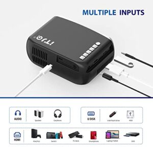 Mini Projector, iTJQ Portable Projector 1080p Supported, Phone Projector Compatible with iOS/ Android Smartphone/ Laptop/ PS4, Movie Projector with HDMI/ USB Interfaces for Home Theater