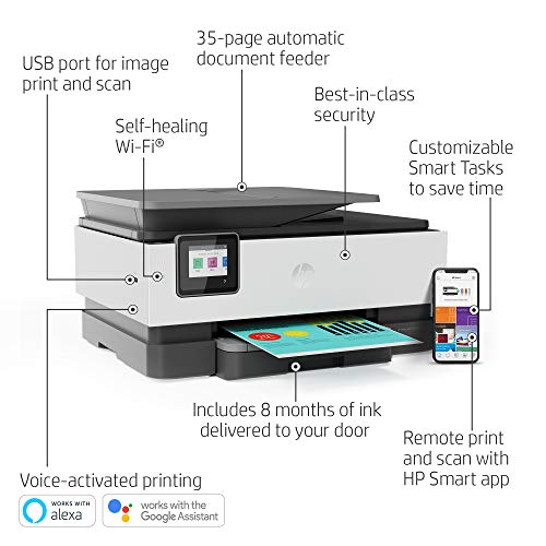 HP OfficeJet Pro 8035 All-in-One Wireless Printer - Includes 8 Months of Ink, HP Instant Ink, Works with Alexa - Basalt (5LJ23A)