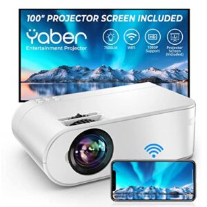 yaber projector wifi mini projector, 8000l 1080p full hd portable projector, zoom, 300″ display, outdoor projector [projector screen included] wireless mirroring projector for phone/tv stick/hdmi/ps4