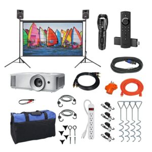 indoor/outdoor theater kit | silverscreen series system | projection screen with 1080phd savi 4000 lumen projector, sound system, streaming device w/wifi (ss-100)