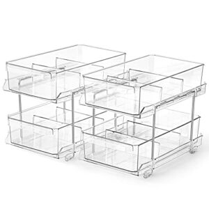 2 set, 2 tier clear organizer with dividers, multi-purpose slide-out storage container, bathroom vanity counter organizing tray, under sink closet organization, kitchen pantry medicine cabniet bins