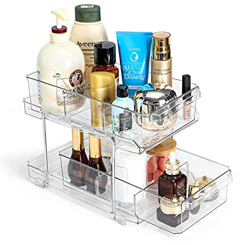 2 SET, 2 Tier Clear Organizer with Dividers, Multi-Purpose Slide-Out Storage Container, Bathroom Vanity Counter Organizing Tray, Under Sink Closet Organization, Kitchen Pantry Medicine Cabniet Bins