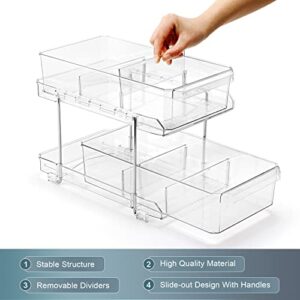 2 SET, 2 Tier Clear Organizer with Dividers, Multi-Purpose Slide-Out Storage Container, Bathroom Vanity Counter Organizing Tray, Under Sink Closet Organization, Kitchen Pantry Medicine Cabniet Bins