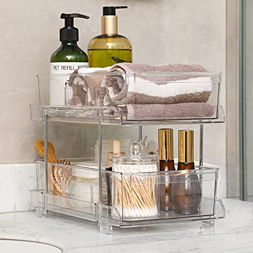 2 SET, 2 Tier Clear Organizer with Dividers, Multi-Purpose Slide-Out Storage Container, Bathroom Vanity Counter Organizing Tray, Under Sink Closet Organization, Kitchen Pantry Medicine Cabniet Bins