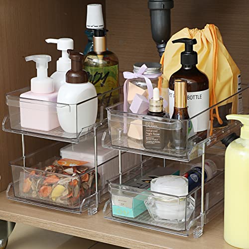 2 SET, 2 Tier Clear Organizer with Dividers, Multi-Purpose Slide-Out Storage Container, Bathroom Vanity Counter Organizing Tray, Under Sink Closet Organization, Kitchen Pantry Medicine Cabniet Bins