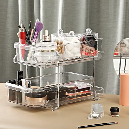 2 SET, 2 Tier Clear Organizer with Dividers, Multi-Purpose Slide-Out Storage Container, Bathroom Vanity Counter Organizing Tray, Under Sink Closet Organization, Kitchen Pantry Medicine Cabniet Bins