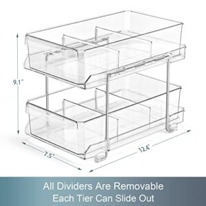 2 SET, 2 Tier Clear Organizer with Dividers, Multi-Purpose Slide-Out Storage Container, Bathroom Vanity Counter Organizing Tray, Under Sink Closet Organization, Kitchen Pantry Medicine Cabniet Bins