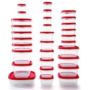 rubbermaid 60-piece food storage containers with lids, salad dressing and condiment containers, and steam vents, microwave and dishwasher safe, red