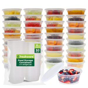 freshware food storage containers [50 set] 8 oz plastic deli containers with lids, slime, soup, meal prep containers | bpa free | stackable | leakproof | microwave/dishwasher/freezer safe