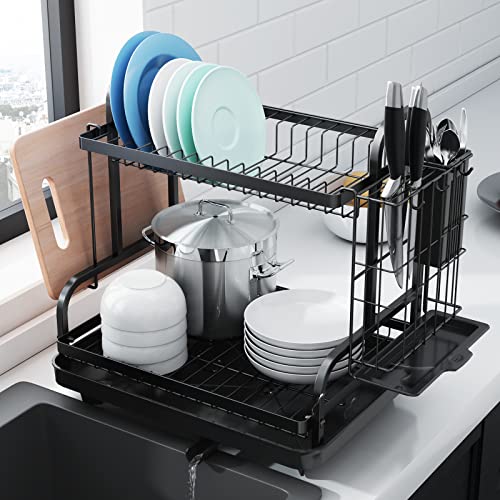 Kitsure Dish Drying Rack -Multifunctional Dish Rack, Rustproof Kitchen Dish Drying Rack with Drainboard & Utensil Holder, 2-Tier Dish Drying Rack with a Large Capacity for Kitchen Counter