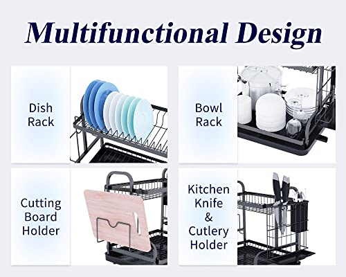 Kitsure Dish Drying Rack -Multifunctional Dish Rack, Rustproof Kitchen Dish Drying Rack with Drainboard & Utensil Holder, 2-Tier Dish Drying Rack with a Large Capacity for Kitchen Counter