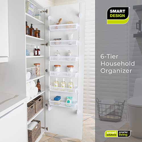 Smart Design Over The Door Organizer for Storage – Perfect for Pantry, Bedroom, Bathroom, Playroom, Kitchen - Maximum Storage with 6 Baskets  - Adjustable Steel Frame & Wall Mount – White