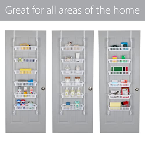 Smart Design Over The Door Organizer for Storage – Perfect for Pantry, Bedroom, Bathroom, Playroom, Kitchen - Maximum Storage with 6 Baskets  - Adjustable Steel Frame & Wall Mount – White