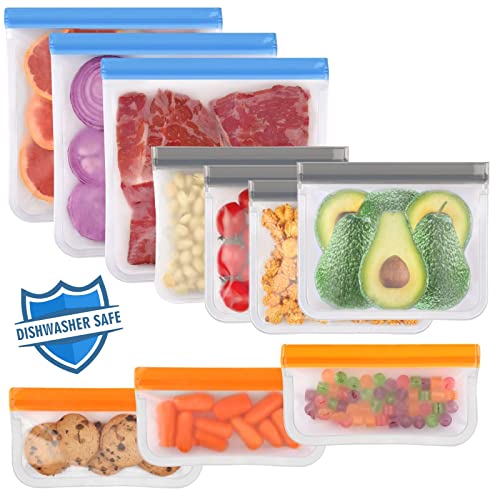 10 Pack Dishwasher Safe Reusable Bags Silicone, Leakproof Reusable Freezer Bags, BPA Free Reusable Food Storage Bags for Lunch Marinate Food Travel - 3 Gallon 3 Snack 4 Sandwich Bags