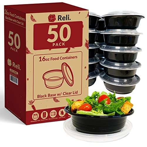 Reli. (50 Pack 16 oz. Meal Prep Container Bowls - Reusable 16 oz Meal Prep Bowls/Food Containers Plastic - Microwavable Freezer Dishwasher Safe Bowls with Lids, Black BPA Free Food Storage Container