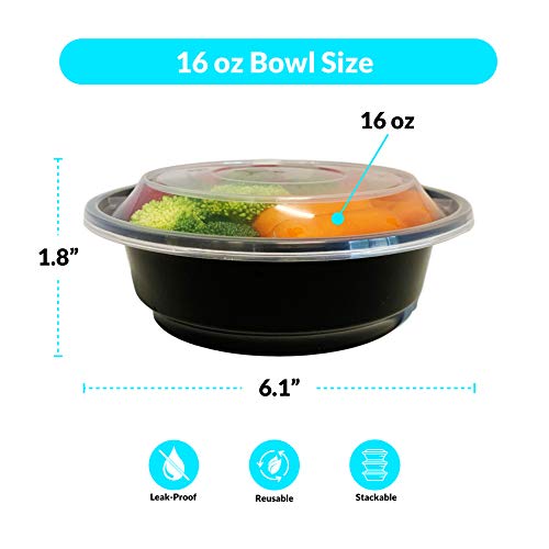 Reli. (50 Pack 16 oz. Meal Prep Container Bowls - Reusable 16 oz Meal Prep Bowls/Food Containers Plastic - Microwavable Freezer Dishwasher Safe Bowls with Lids, Black BPA Free Food Storage Container