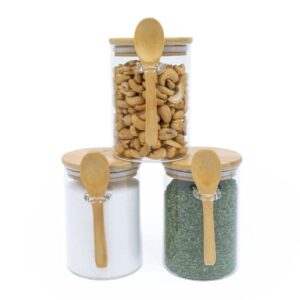 set of 3 airtight glass jars with bamboo lids & bamboo spoons – decorative & durable 17-oz borosilicate glass canisters hold coffee beans, tea, flour, sugar, nuts, candy, bath salts & more