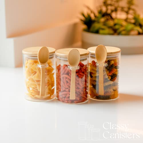 Set of 3 Airtight Glass Jars with Bamboo Lids & Bamboo Spoons - Decorative & Durable 17-Oz Borosilicate Glass Canisters Hold Coffee Beans, Tea, Flour, Sugar, Nuts, Candy, Bath Salts & More