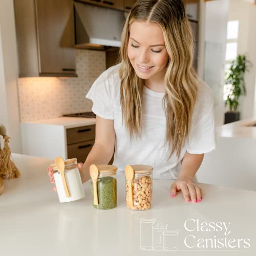 Set of 3 Airtight Glass Jars with Bamboo Lids & Bamboo Spoons - Decorative & Durable 17-Oz Borosilicate Glass Canisters Hold Coffee Beans, Tea, Flour, Sugar, Nuts, Candy, Bath Salts & More